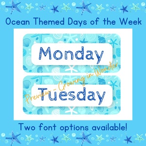 Ocean Themed Days of the Week Printable Cards, Calendar - Etsy