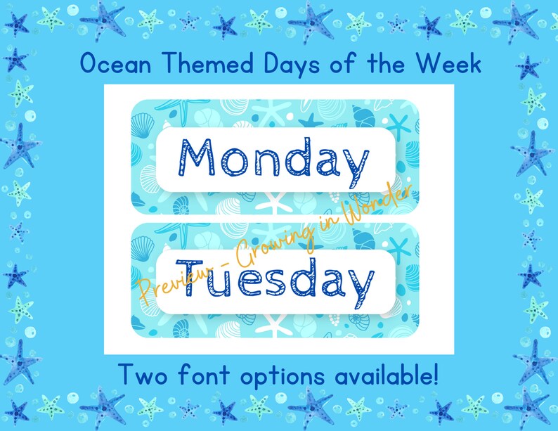 Ocean Themed Days of the Week Printable Cards, Calendar - Etsy