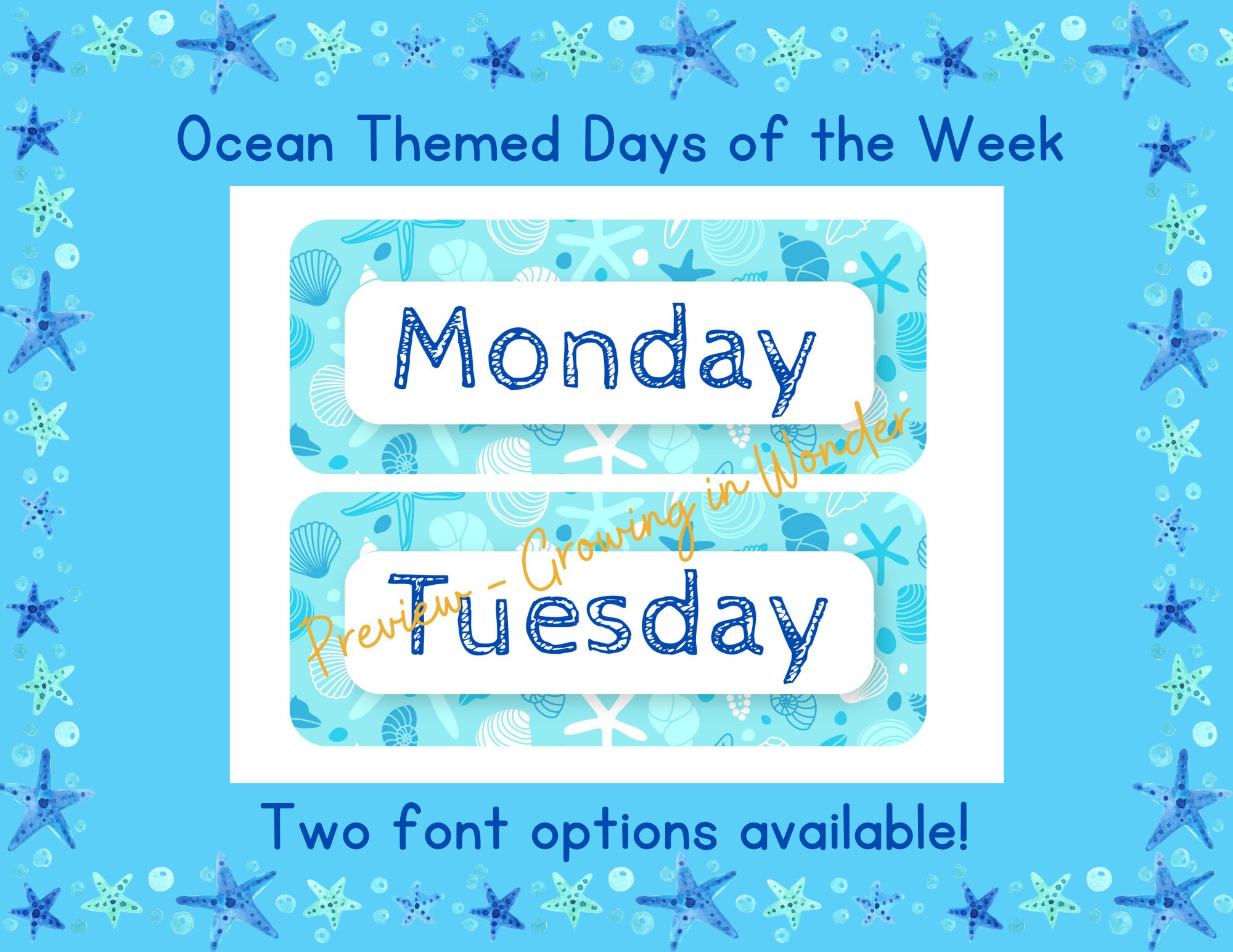 Ocean Themed Days of the Week Printable Cards, Calendar - Etsy