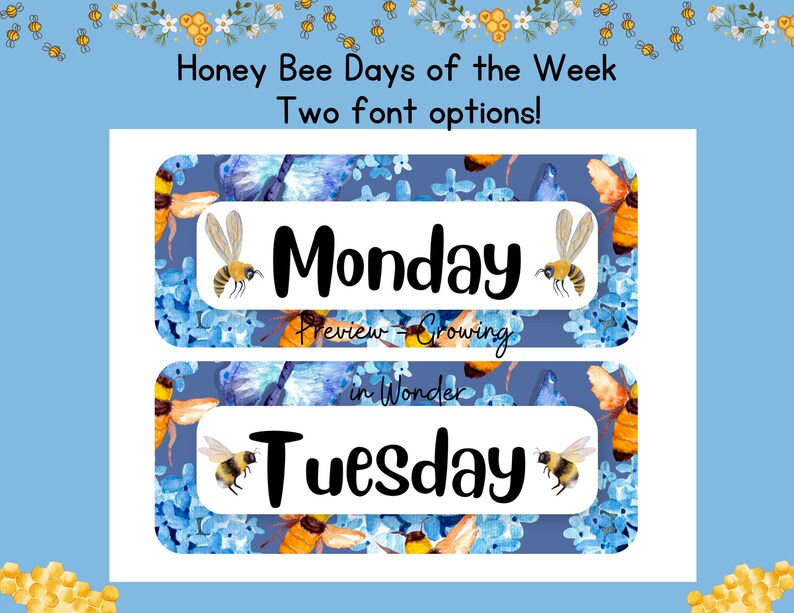 Honey Bee Days of the Week blue Background, Watercolor Honeybees - Etsy