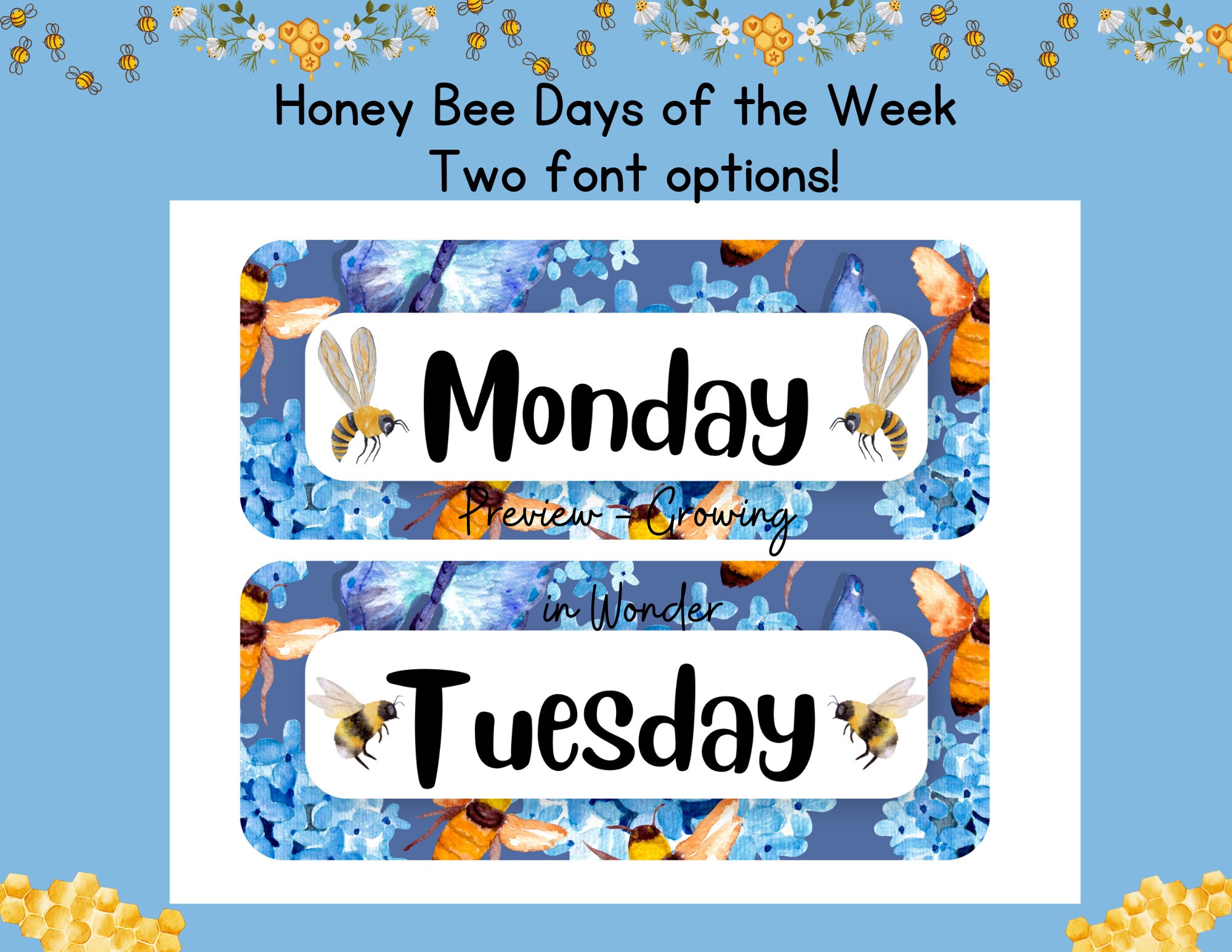 Honey Bee Days of the Week blue Background, Watercolor Honeybees - Etsy