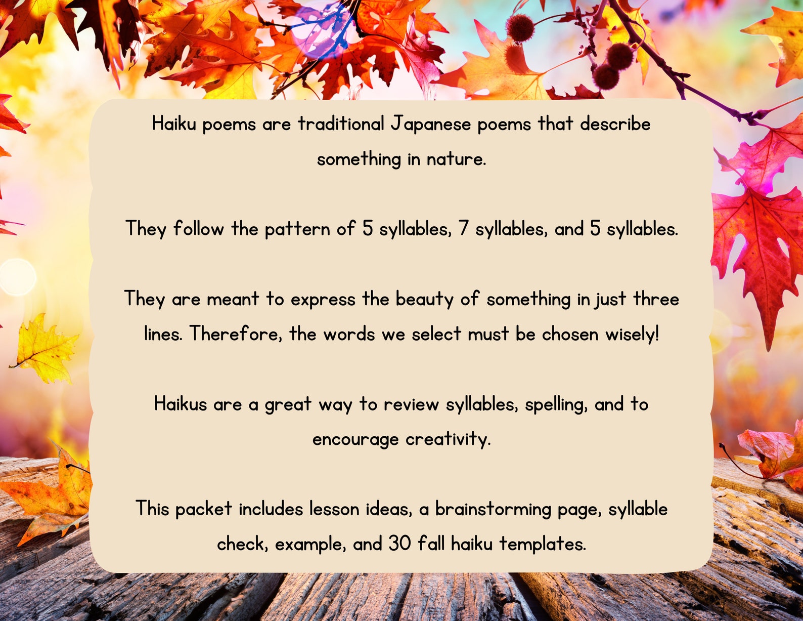 Fall Haiku Poetry Templates, Autumn Writing Activity - Etsy