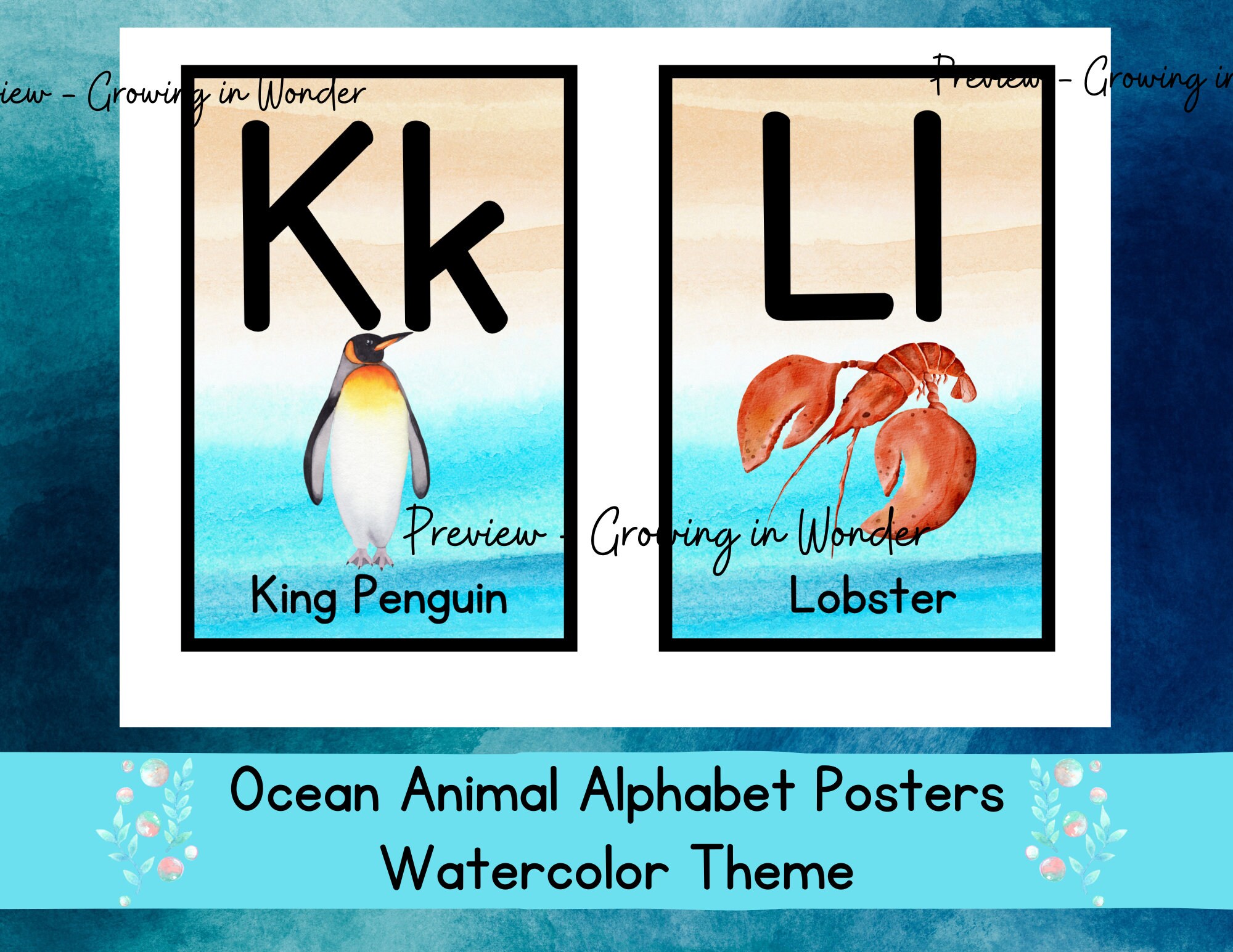 Ocean Animal Alphabet Posters, Watercolor Theme, Under the Sea Decor - Etsy