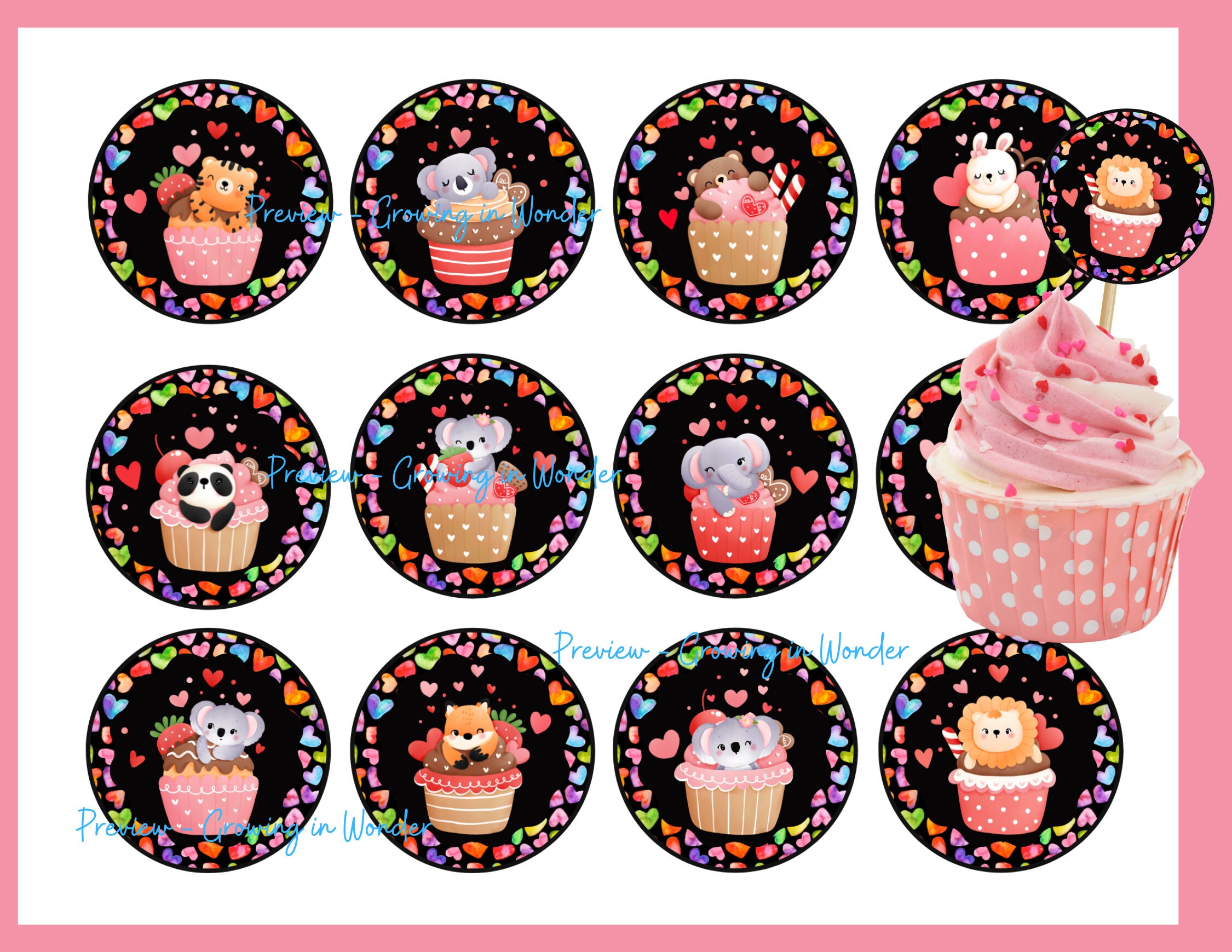 Valentine's Day Cupcake Toppers, Printable Animal Cupcake Toppers - Etsy