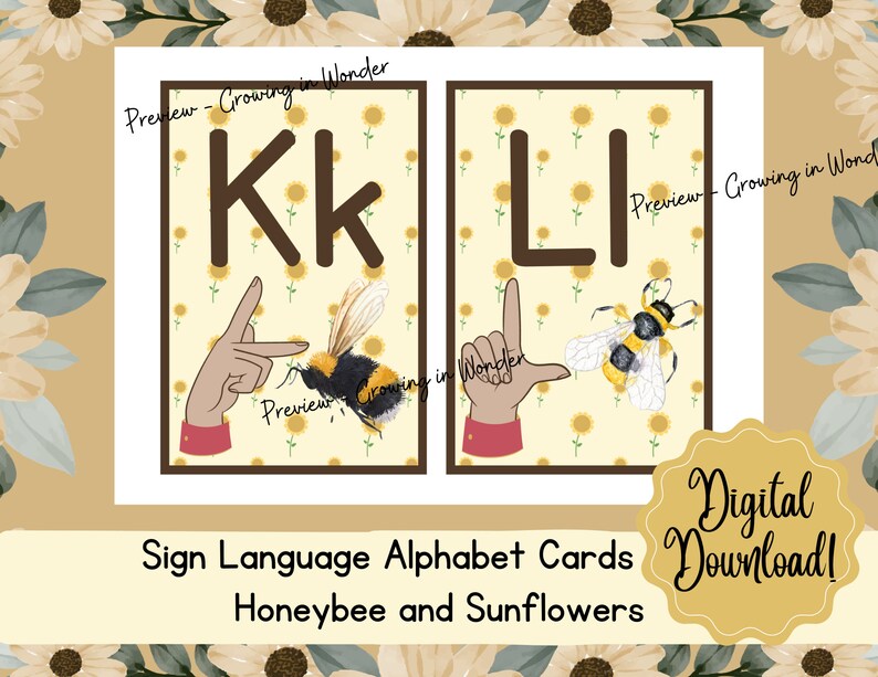 Honey Bee ASL Alphabet Printable Cards, Sunflower Boho Theme, Sign ...