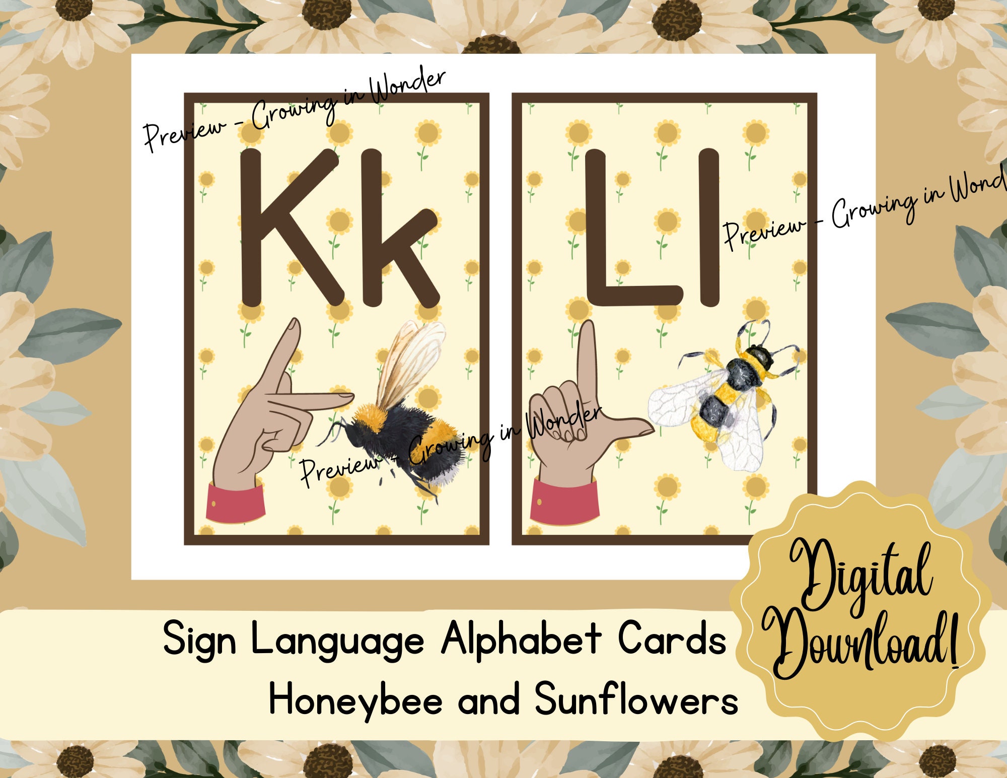 Honey Bee ASL Alphabet Printable Cards, Sunflower Boho Theme, Sign ...