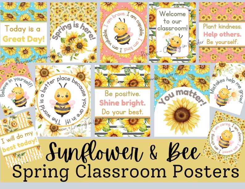 Sunflower and Honey Bee Spring Classroom Bulletin Board Posters - Etsy