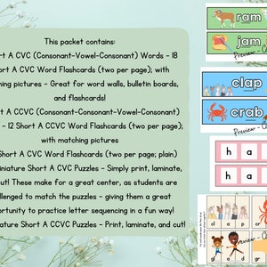 Phonics and Reading, Short A Cvc, Ccvc Flashcards and Puzzles - Etsy