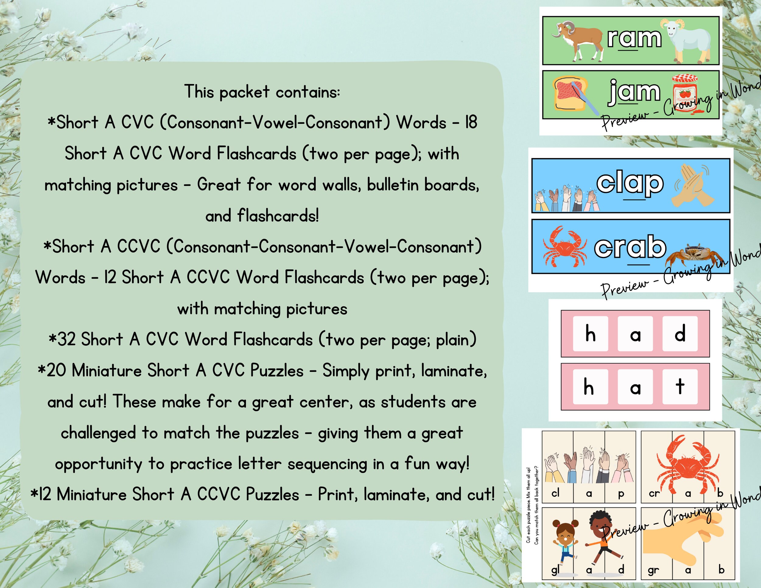 Phonics and Reading, Short A Cvc, Ccvc Flashcards and Puzzles - Etsy
