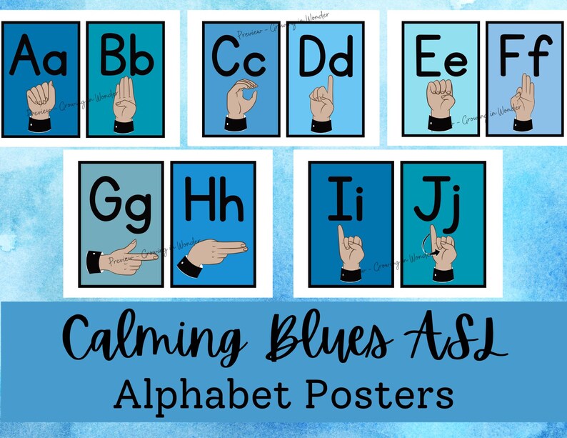 Shades of Blue Alphabet Sign Language Cards, ASL Alphabet Posters ...