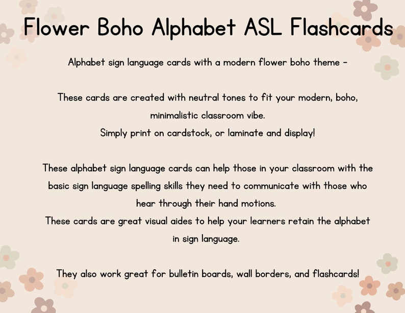Boho Flower Alphabet ASL Printable Flashcards - Etsy