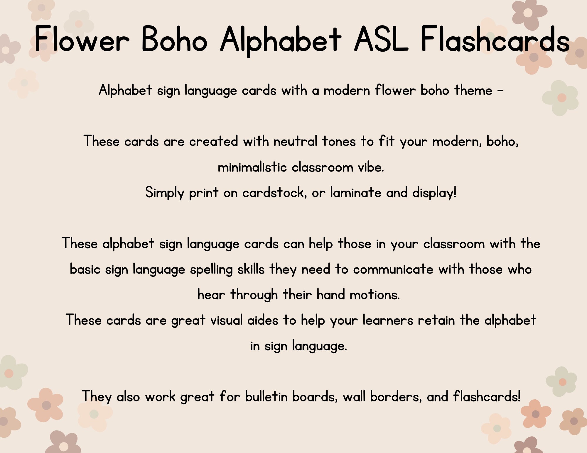 Boho Flower Alphabet ASL Printable Flashcards - Etsy