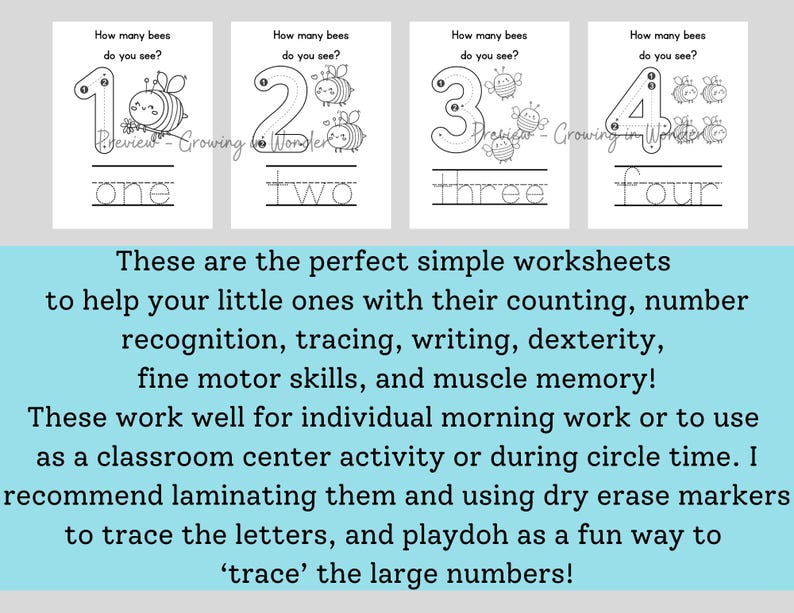 Bee Theme Math Worksheets: Counting 1-10, Tracing, Writing - Etsy