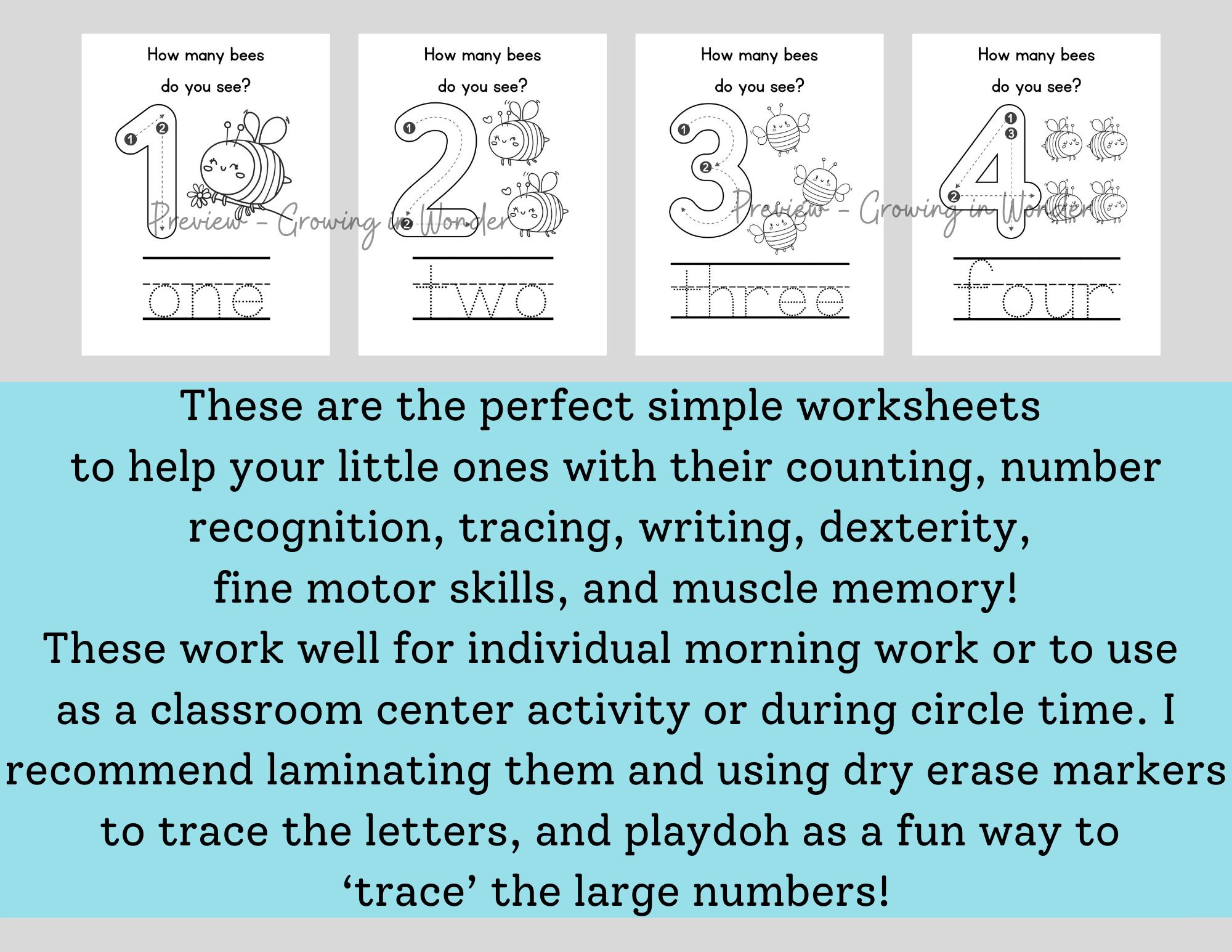 Bee Theme Math Worksheets: Counting 1-10, Tracing, Writing - Etsy