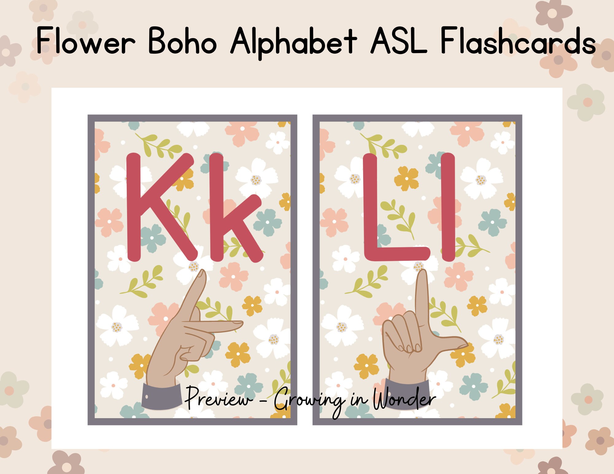 Boho Flower Alphabet ASL Printable Flashcards - Etsy