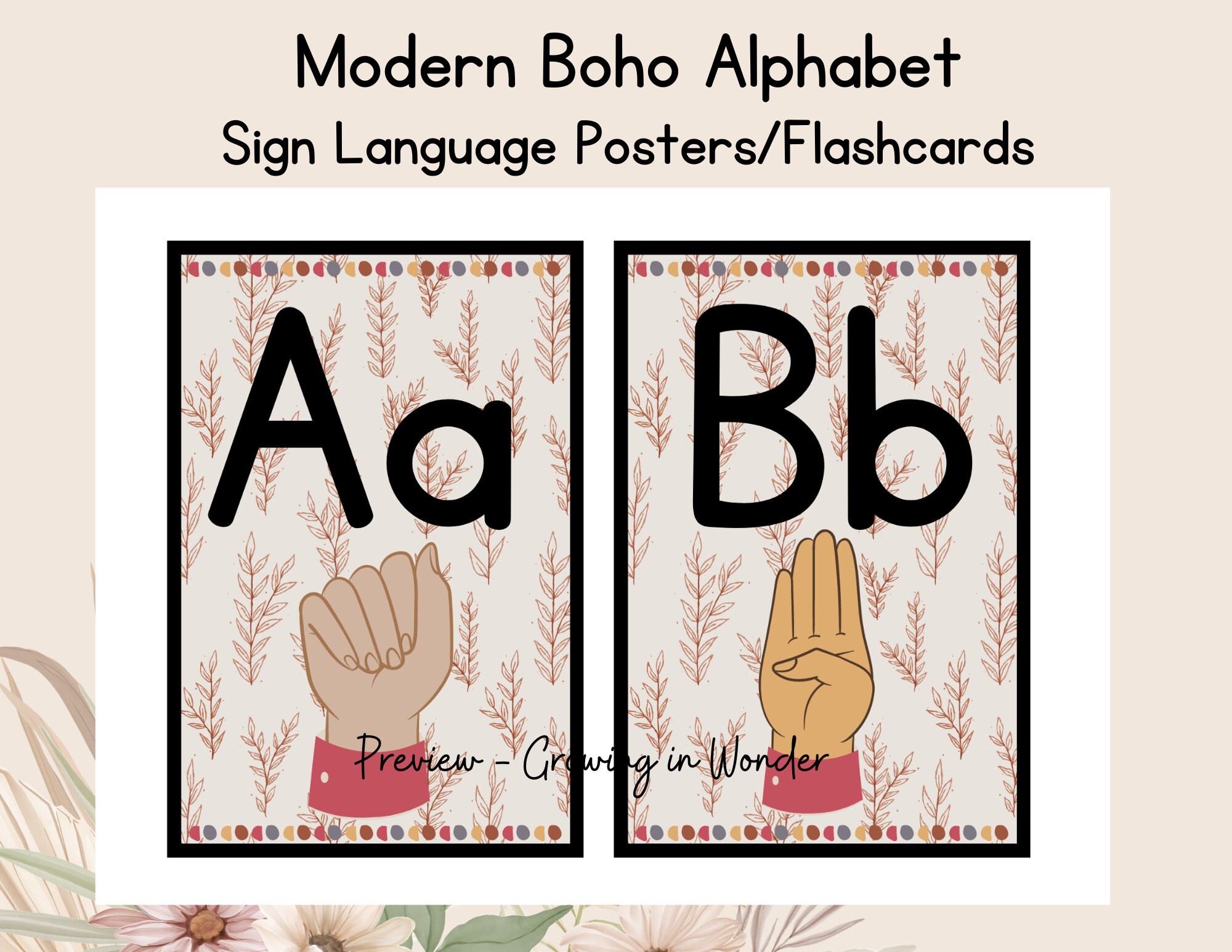 Modern Boho Alphabet ASL Printable Classroom Cards - Etsy