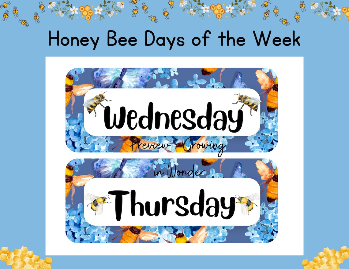 Honey Bee Days of the Week blue Background Watercolor - Etsy