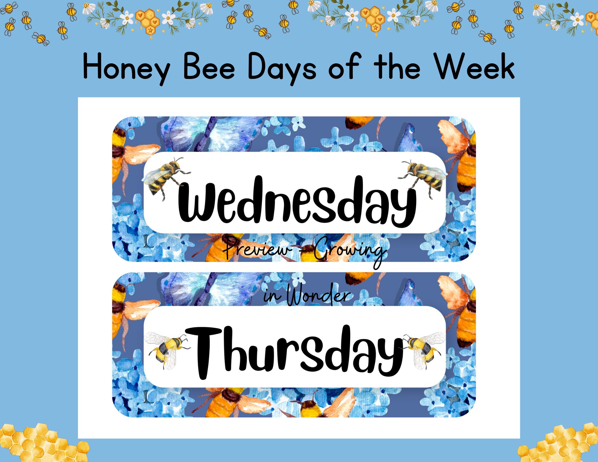 Honey Bee Days of the Week (blue Background, Watercolor Honeybees) - Etsy