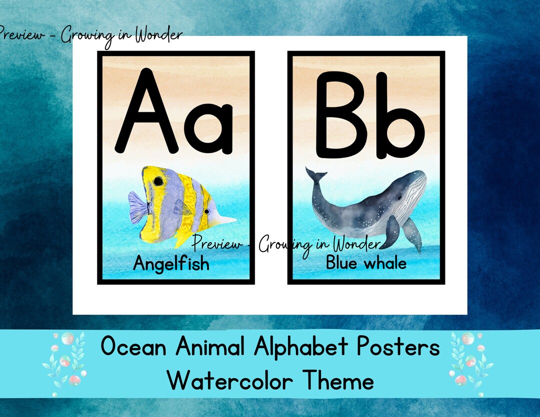 Ocean Animal Alphabet Posters, Watercolor Theme, Under the Sea Decor - Etsy