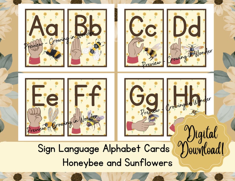 Honey Bee ASL Alphabet Printable Cards, Sunflower Boho Theme, Sign ...