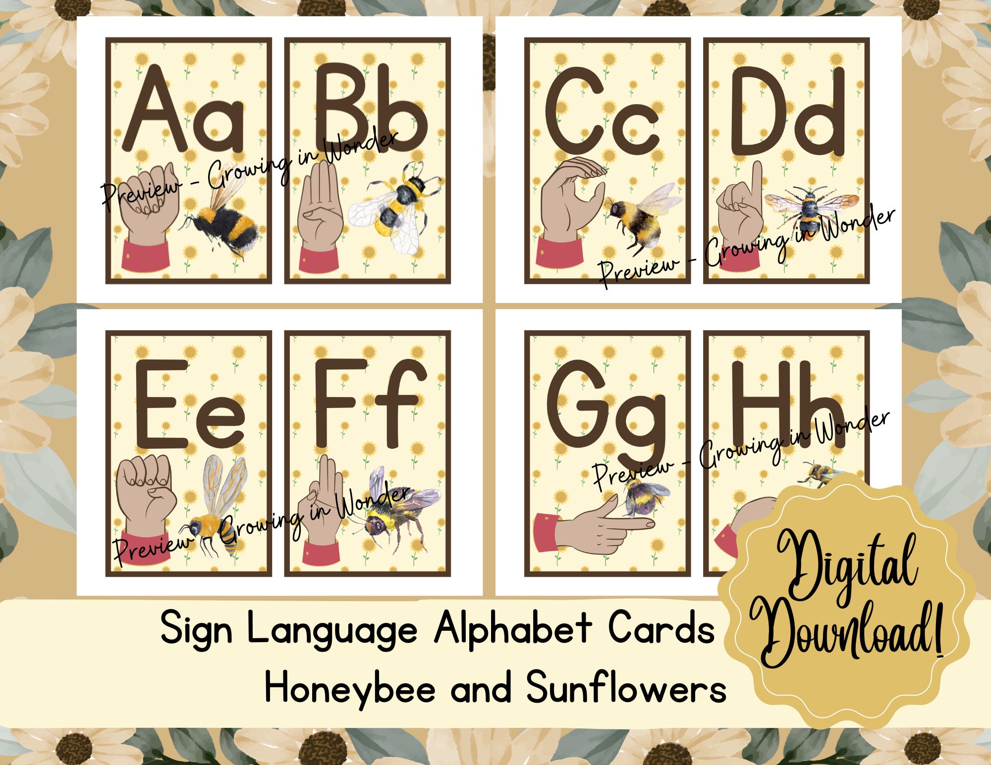 Honey Bee ASL Alphabet Printable Cards, Sunflower Boho Theme, Sign ...
