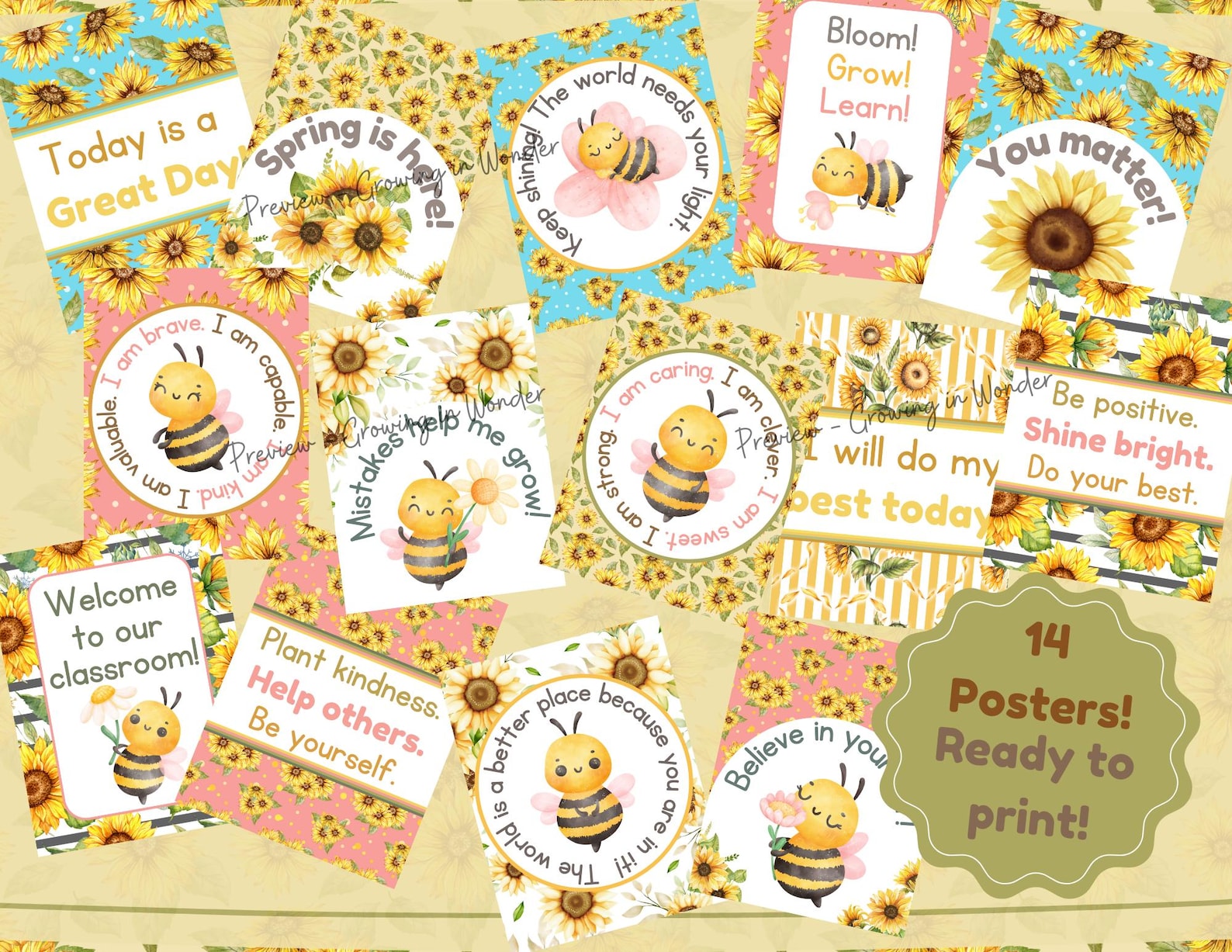 Sunflower and Honey Bee Spring Classroom Bulletin Board Posters - Etsy