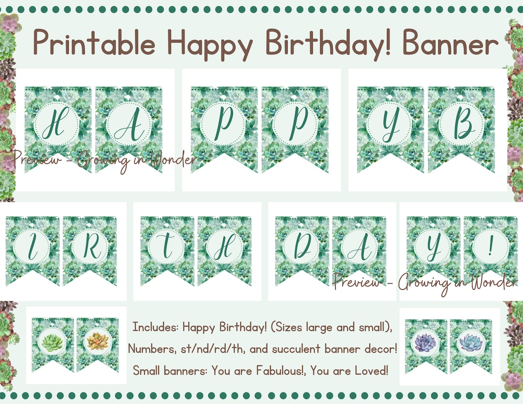 Printable Happy Birthday Banner, Succulent Plant Theme - Etsy