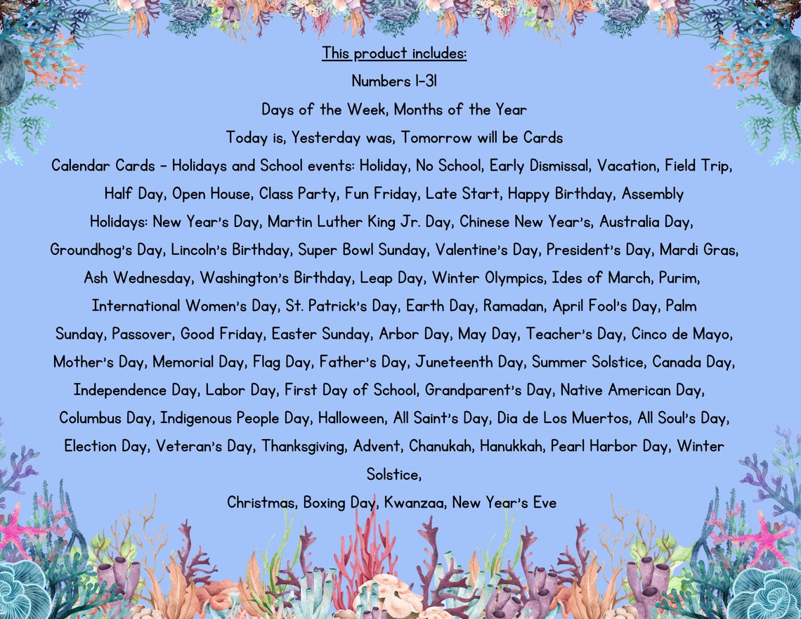 Ocean Theme Pocket Chart Calendar, Under the Sea Classroom - Etsy