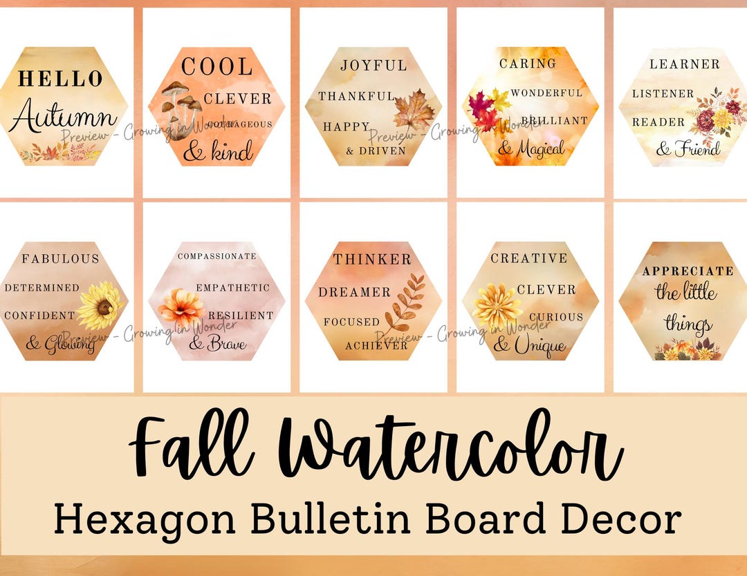 Fall Watercolor Hexagon Bulletin Board Decor, Autumn Classroom Posters ...