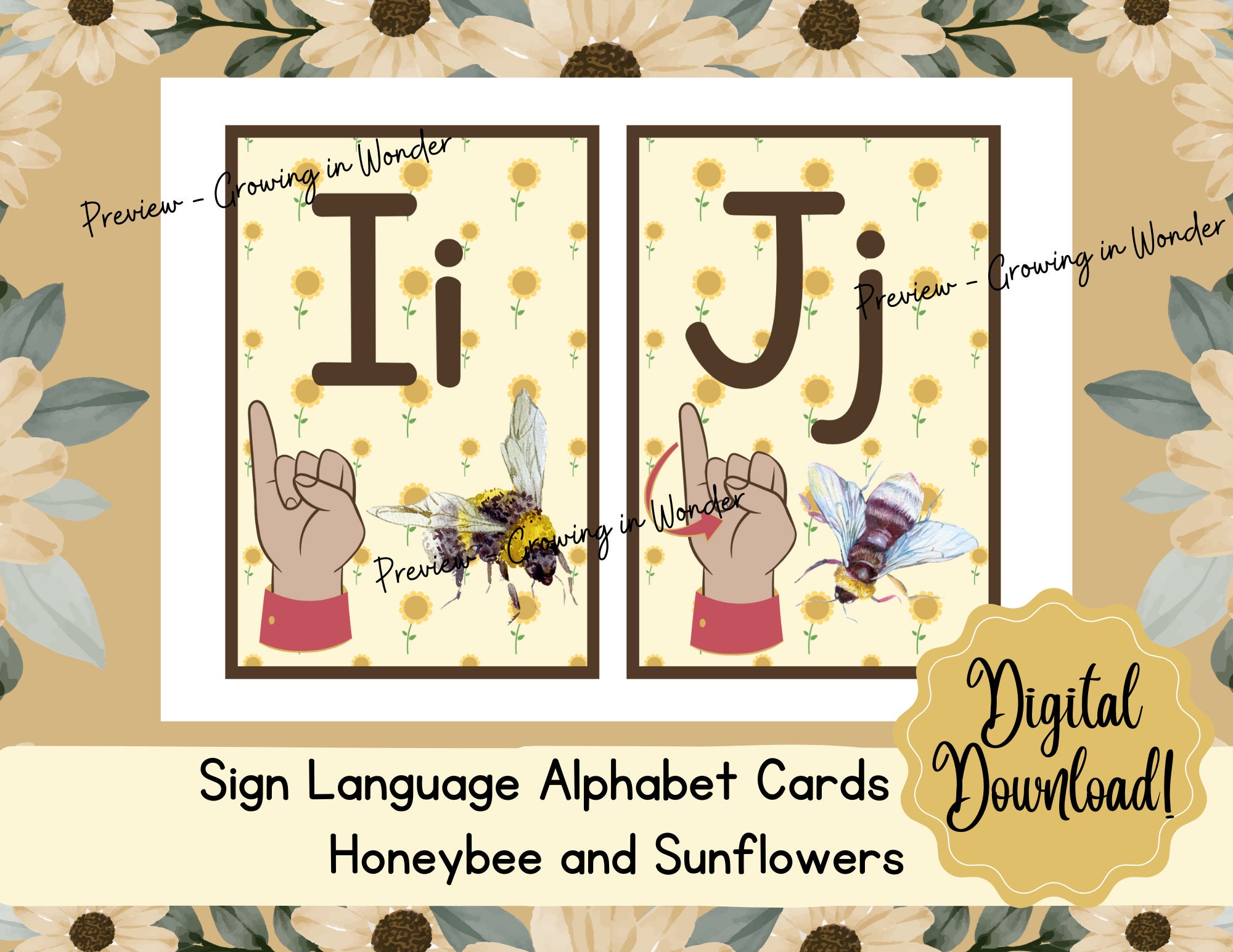 Honey Bee ASL Alphabet Printable Cards, Sunflower Boho Theme, Sign ...