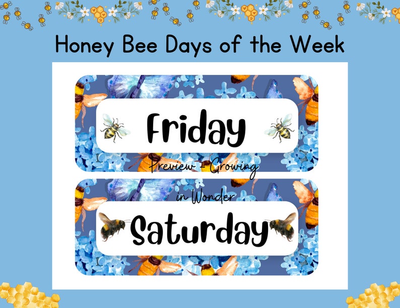 Honey Bee Days of the Week blue Background, Watercolor Honeybees - Etsy
