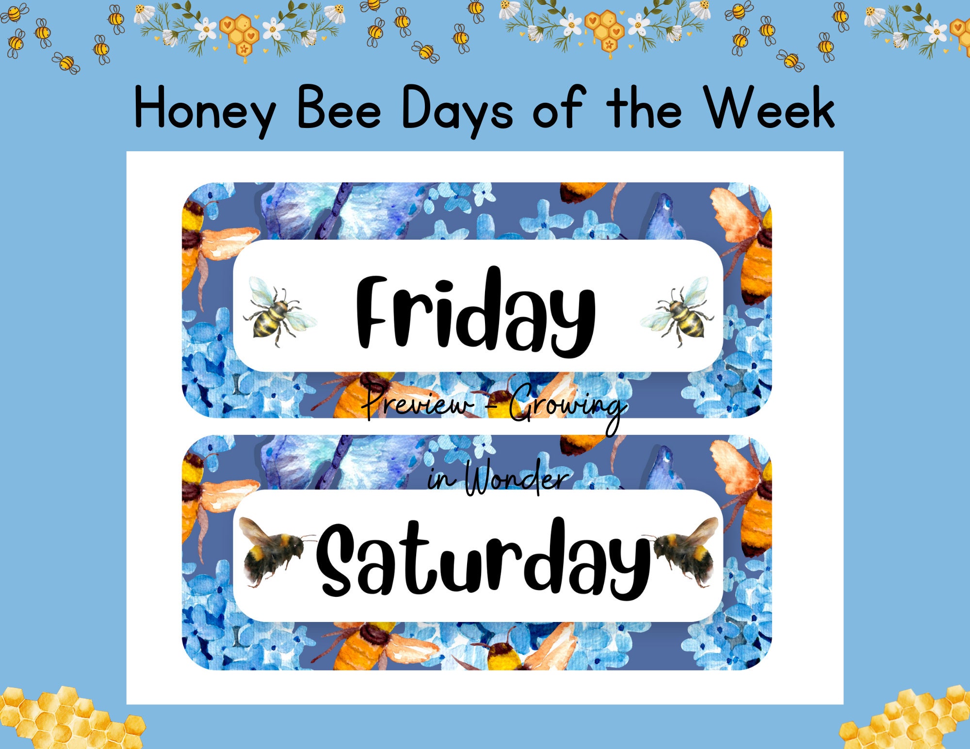 Honey Bee Days of the Week blue Background, Watercolor Honeybees - Etsy