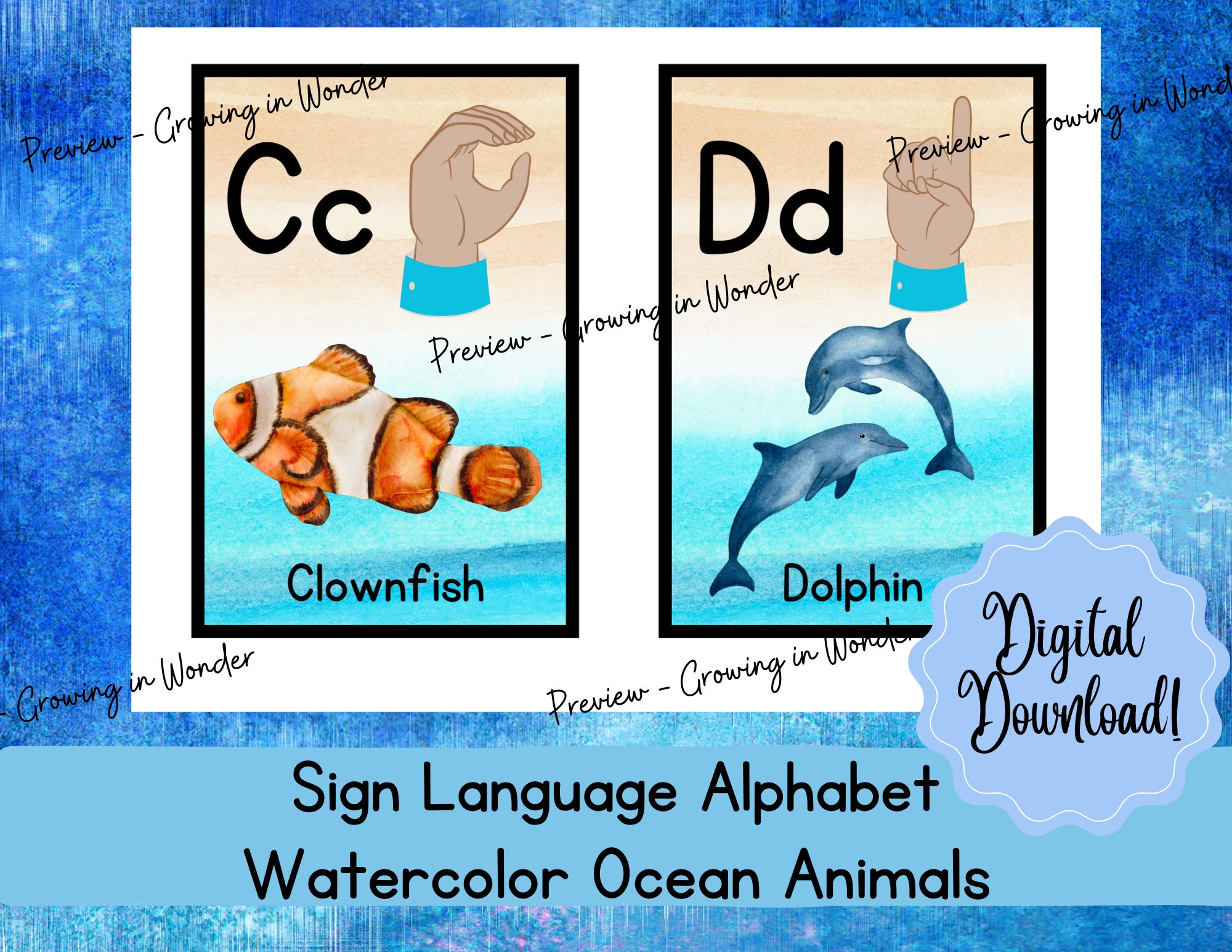 Sign Language Alphabet Watercolor Ocean Animal Flashcards, Posters - Etsy