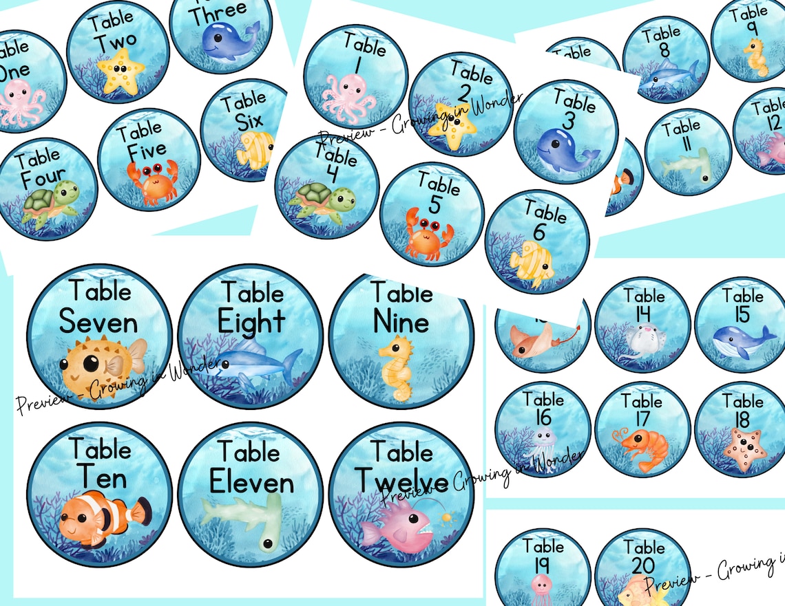 Under the Sea, Ocean Theme Numbers, Groups, and Table Labels 1-20 - Etsy