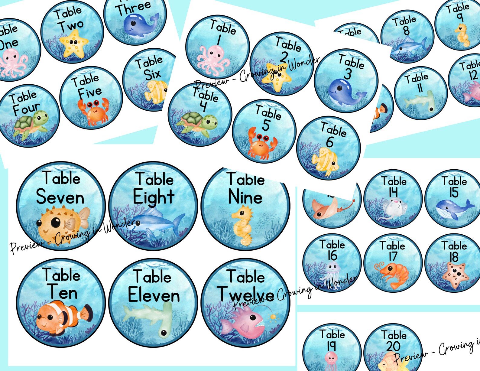 Under the Sea, Ocean Theme Numbers, Groups, and Table Labels 1-20 - Etsy