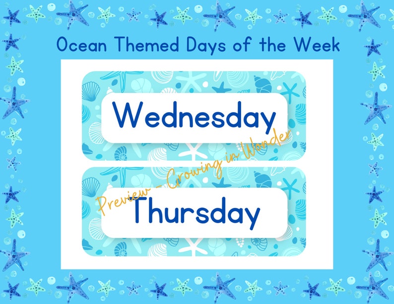 Ocean Themed Days of the Week Printable Cards, Calendar - Etsy