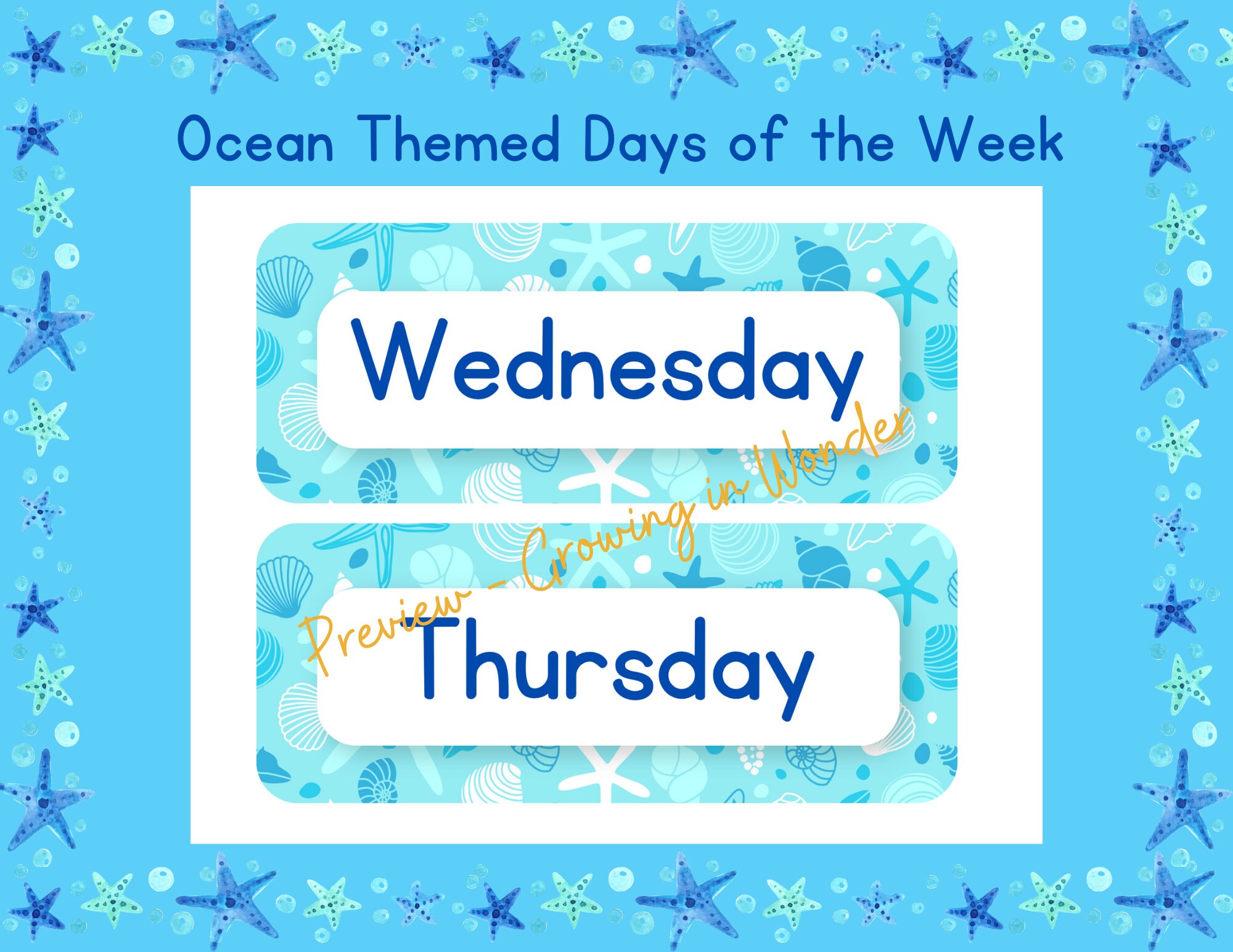 Ocean Themed Days of the Week Printable Cards, Calendar - Etsy