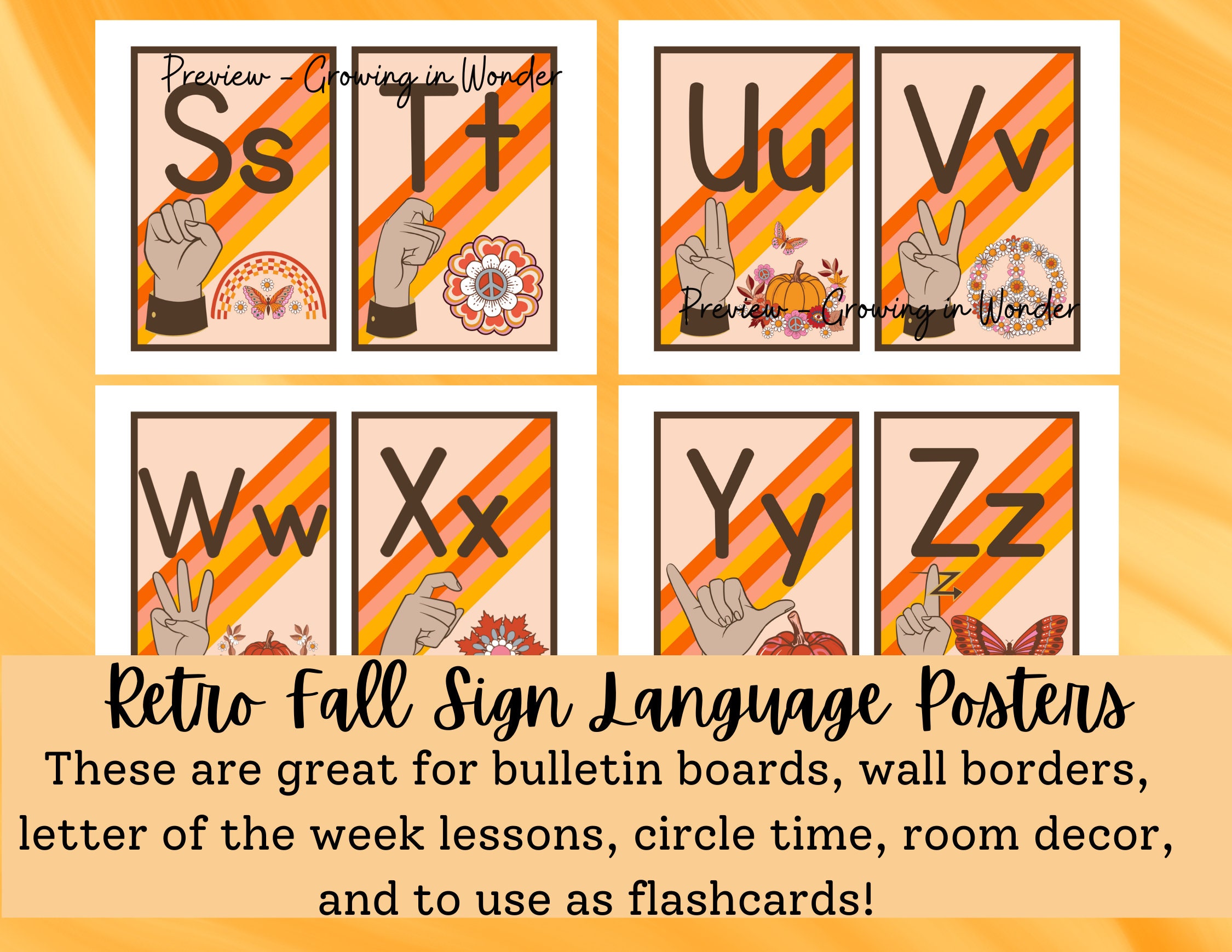 Fall Retro Alphabet Sign Language Cards, ASL Posters - Etsy