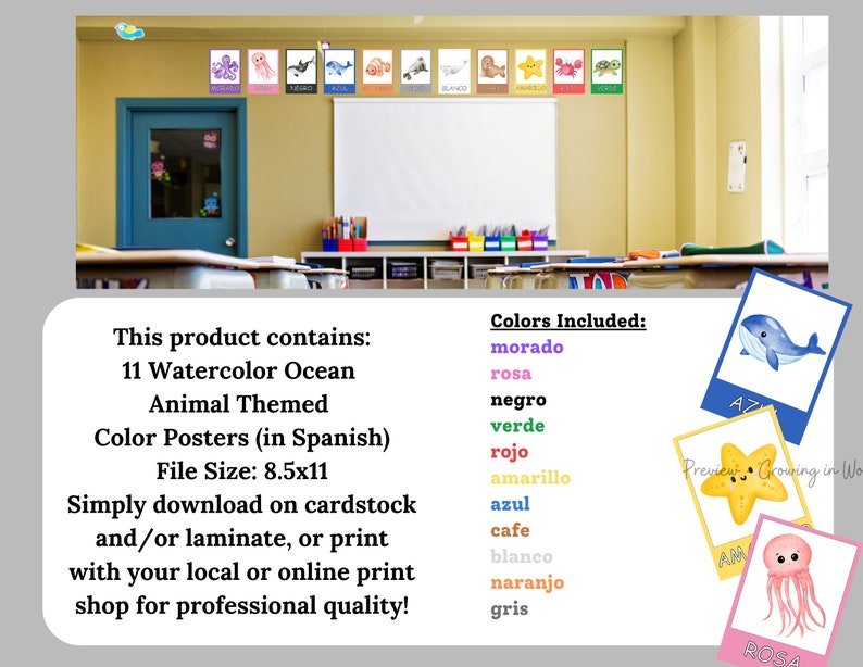 Spanish Color Posters, Ocean Animal Spanish Classroom Printable Decor ...