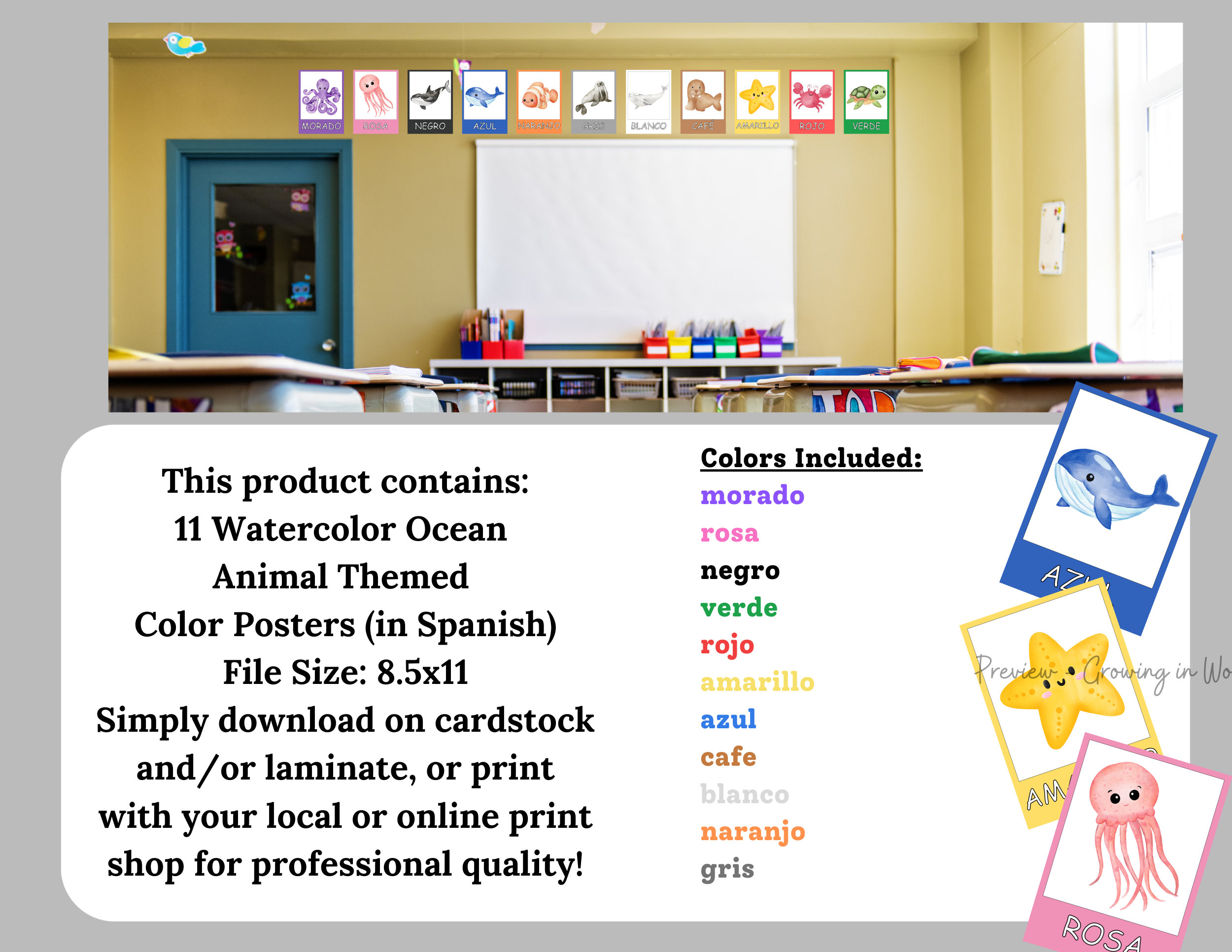 Spanish Color Posters, Ocean Animal Spanish Classroom Printable Decor ...