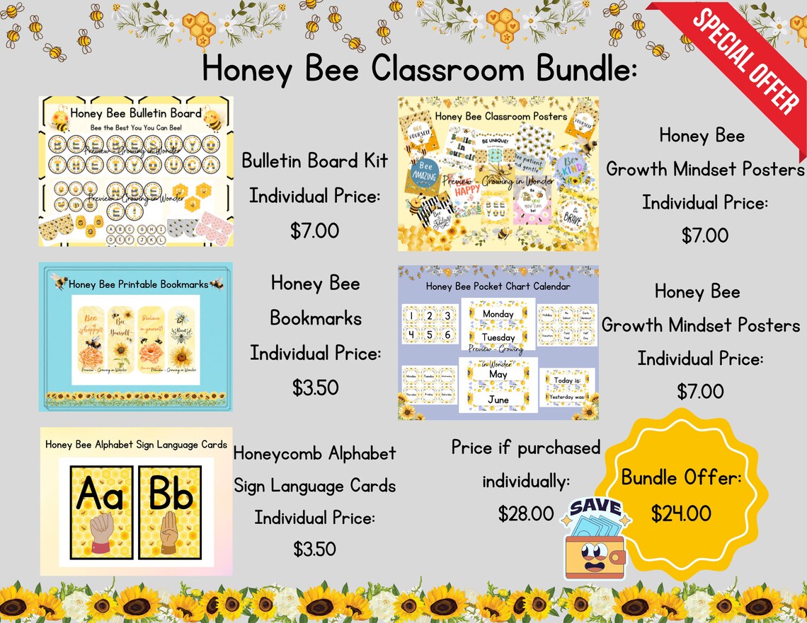 Honey Bee Classroom Bundle: Bulletin Board Kit, Bookmarks, Alphabet ...