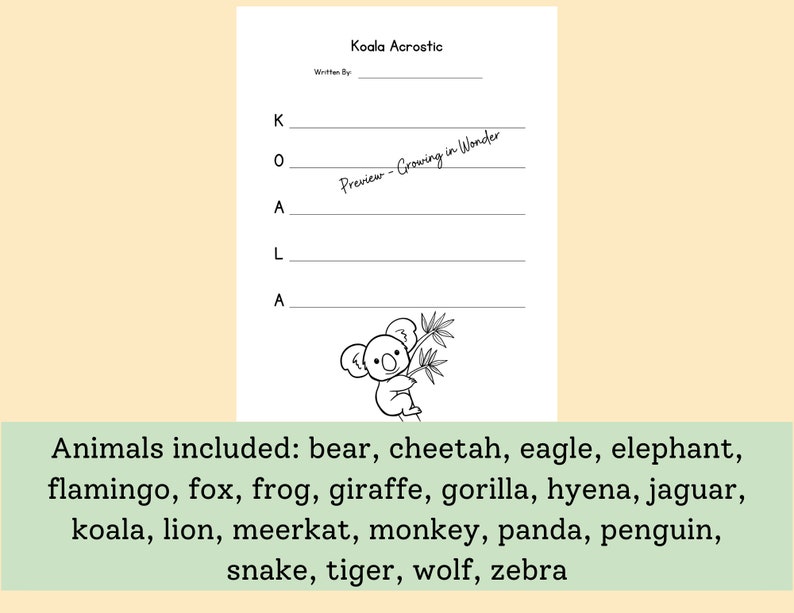 Animal Acrostic Poetry Templates, Classroom Poetry Worksheets - Etsy