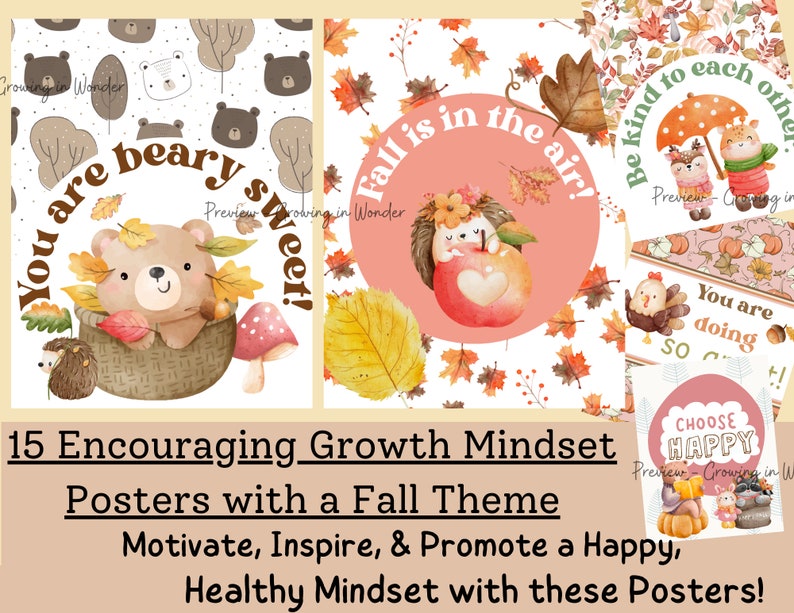 Fall Theme Printable Posters, Classroom Growth Mindset Bulletin Board ...
