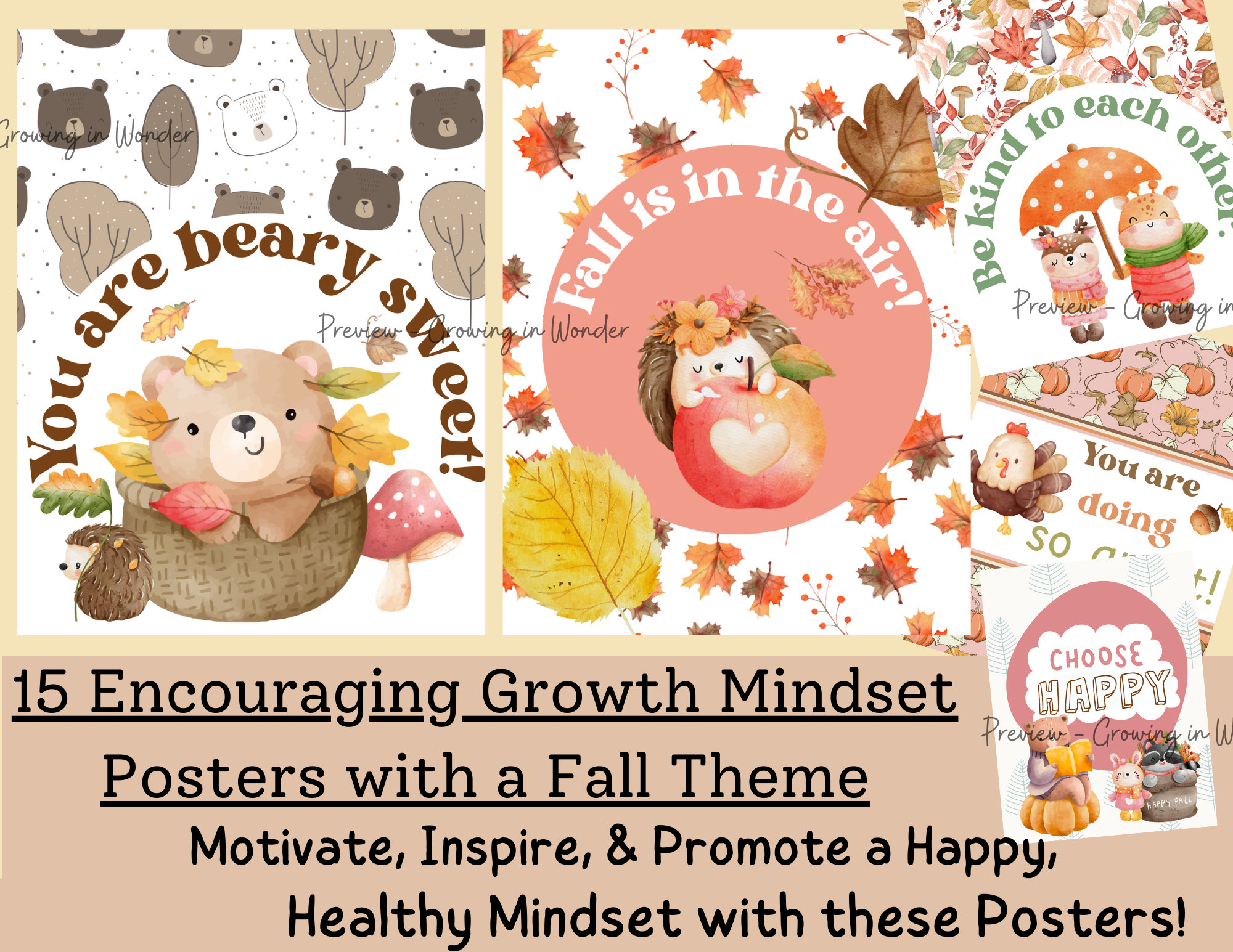 Fall Theme Printable Posters, Classroom Growth Mindset Bulletin Board ...