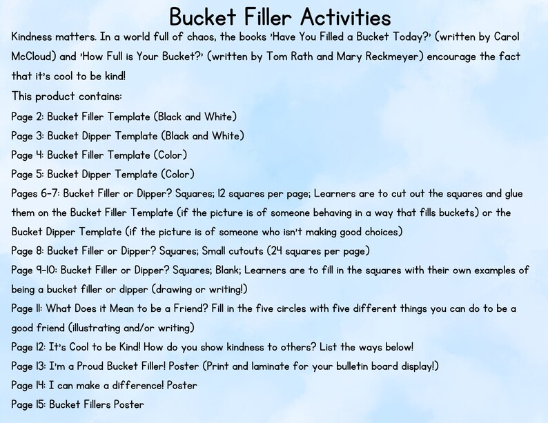 Bucket Filler Classroom Activity, Writing, Posters, Back to School - Etsy