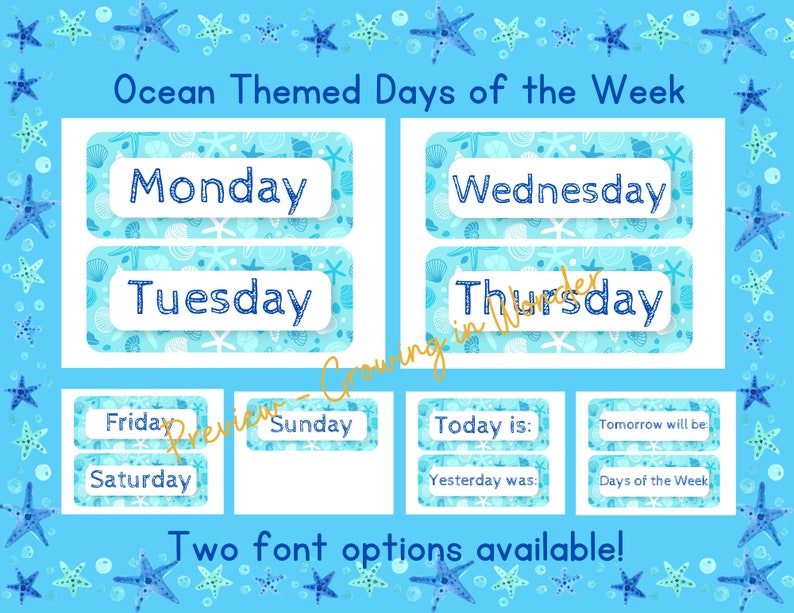 Ocean Themed Days of the Week Printable Cards, Calendar - Etsy