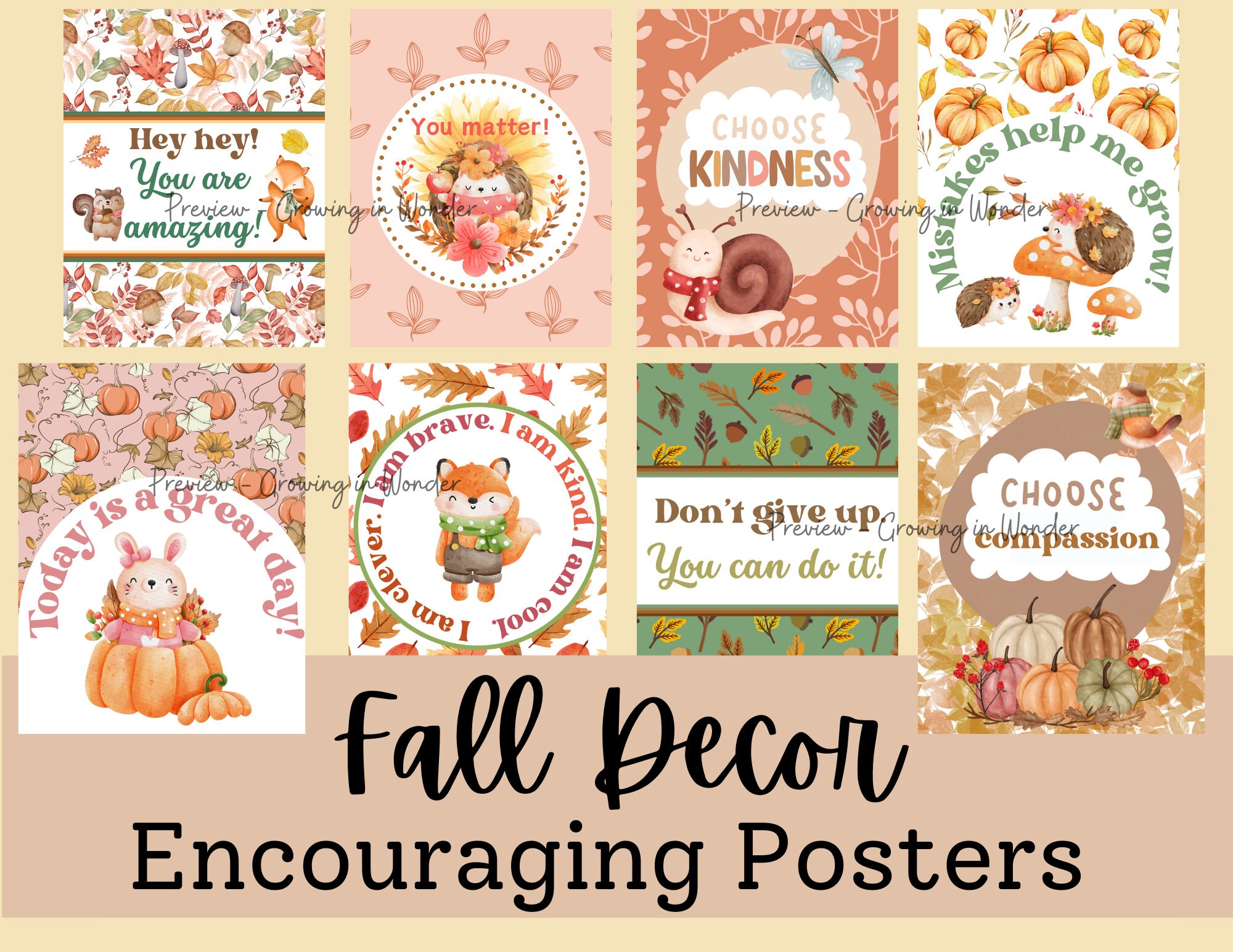 Fall Theme Printable Posters, Classroom Growth Mindset Bulletin Board ...