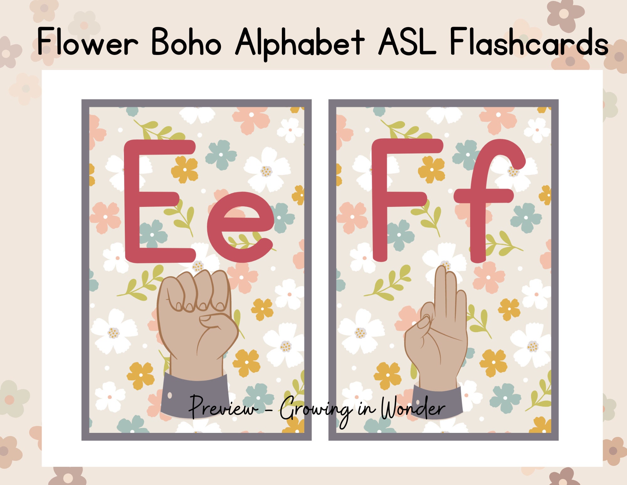 Boho Flower Alphabet ASL Printable Flashcards - Etsy