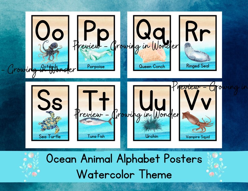 Ocean Animal Alphabet Posters Watercolor Theme Under the Sea - Etsy