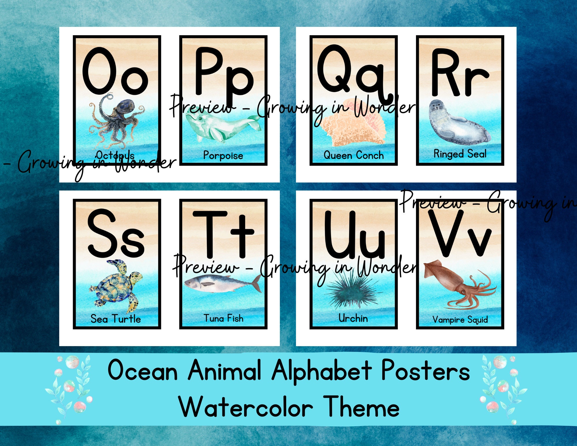 Ocean Animal Alphabet Posters, Watercolor Theme, Under the Sea Decor - Etsy